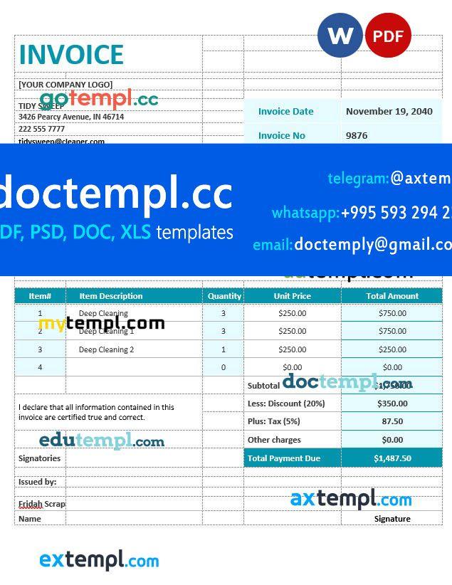 Residential Cleaning Invoice template in word and pdf format – doctempl.cc