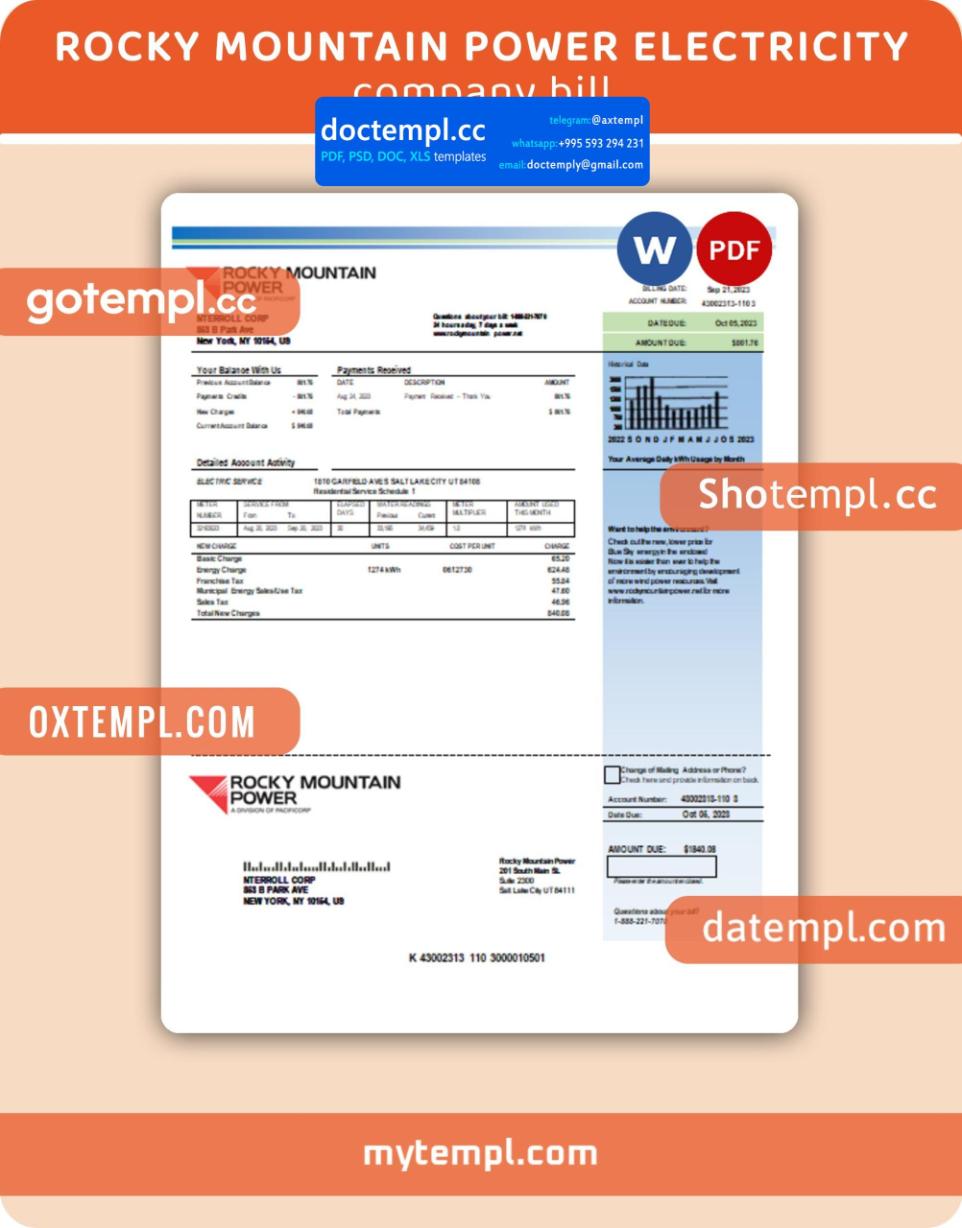 Rocky Mountain Power electricity business utility bill, Word and PDF ...