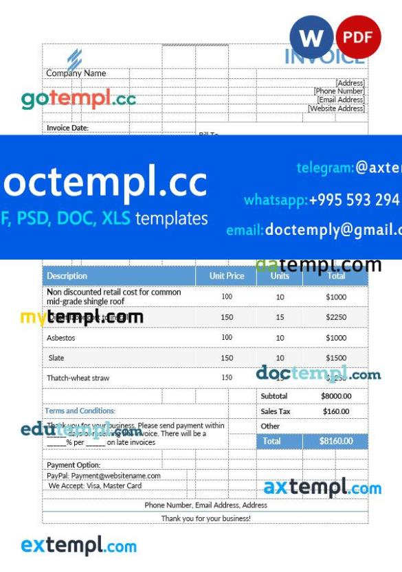 Roofing Estimate Invoice template in word and pdf format