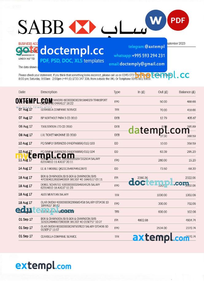 SABB Bank company statement Word and PDF template