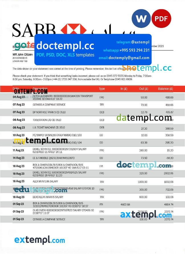 Saudi British Bank Business statement Word and PDF template – doctempl.cc