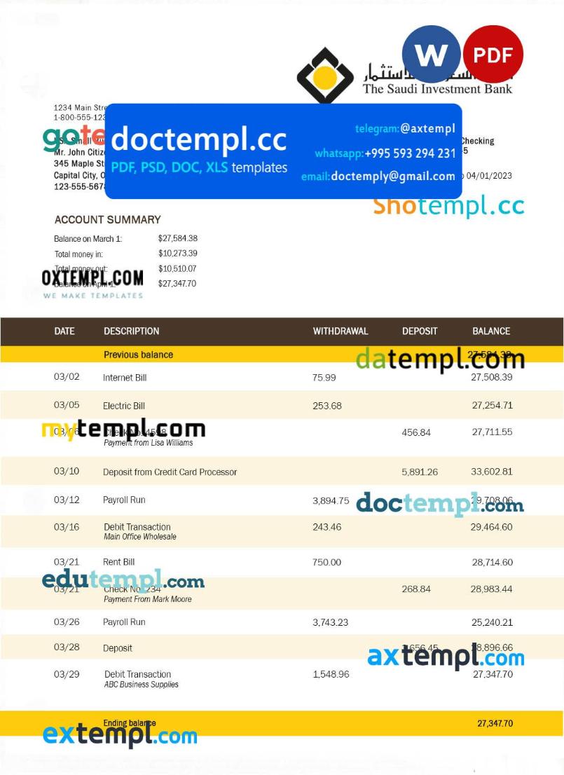 Saudi Investment Bank business checking account statement Word and PDF template