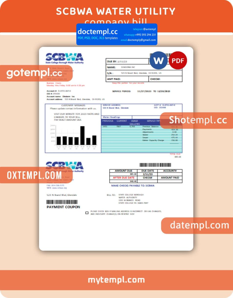 Scbwa water business utility bill, Word and PDF template, 4 pages ...