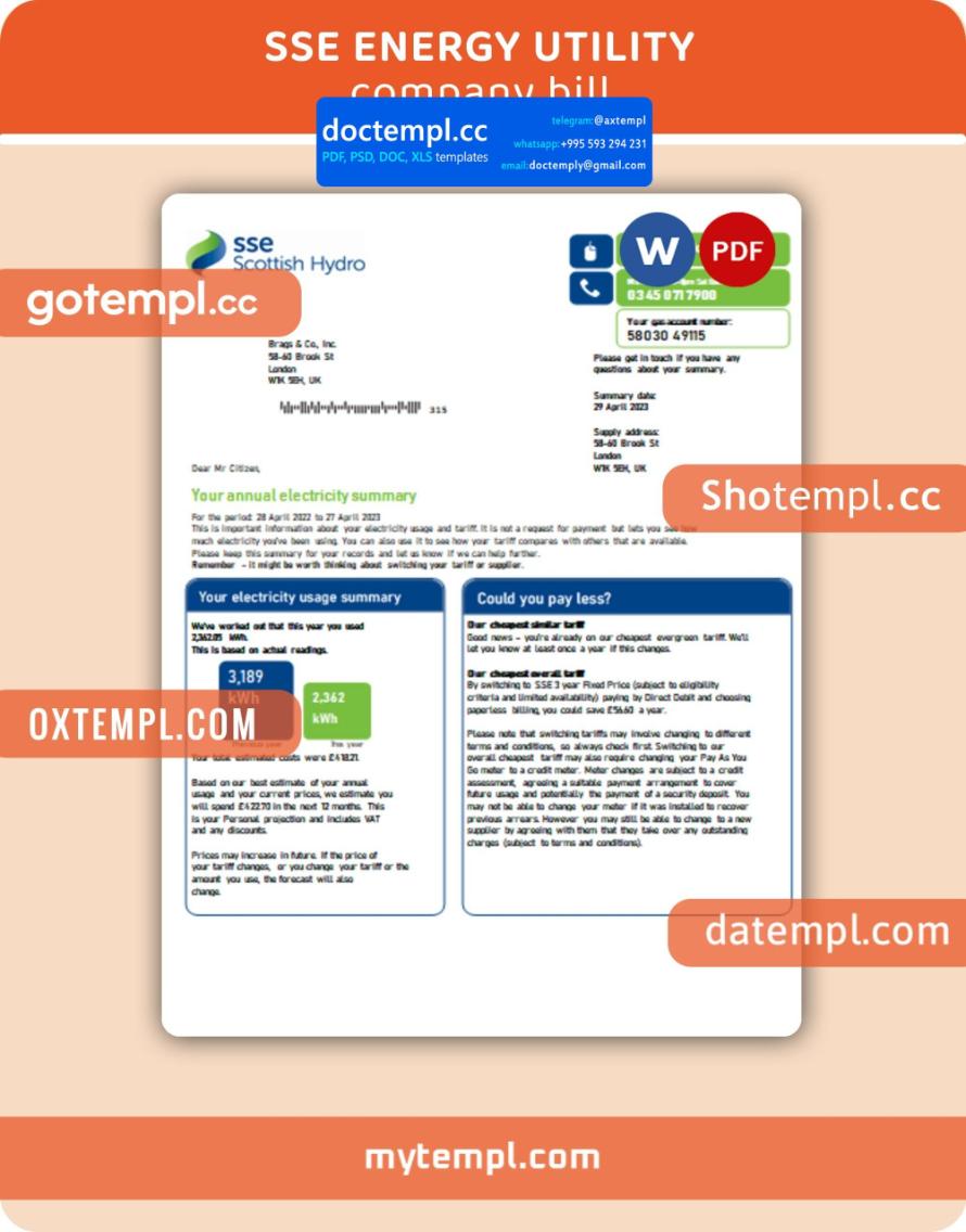 SSE Energy business utility bill, Word and PDF template, 4 pages, version 3