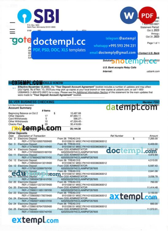 State Bank of India company account statement Word and PDF template