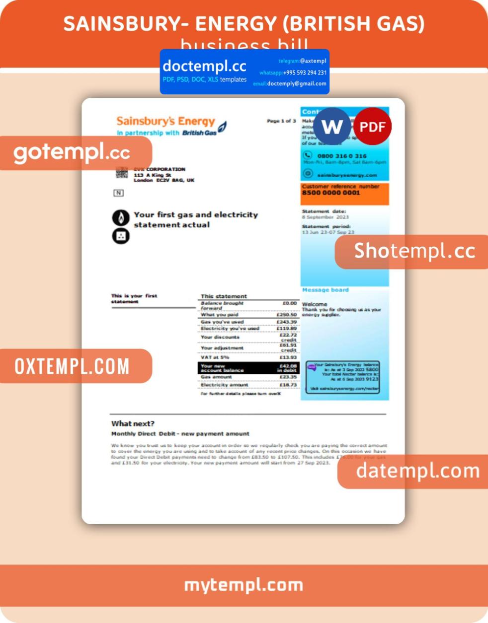 Sainsbury- Energy (British Gas) business utility bill , Word and PDF ...