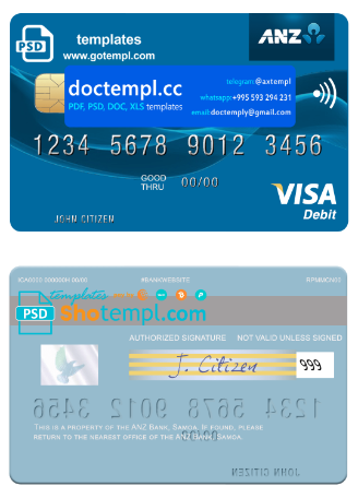 Samoa ANZ Bank visa card fully editable template in PSD format