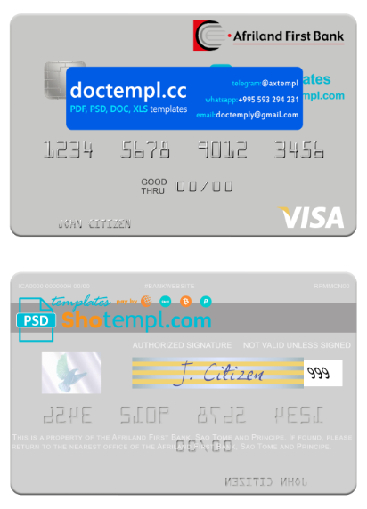 Sao Tome and Principe Afriland First Bank visa card fully editable ...