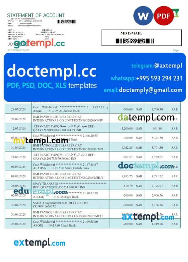 SAUDI ARABIA NCB bank statement Word and PDF template