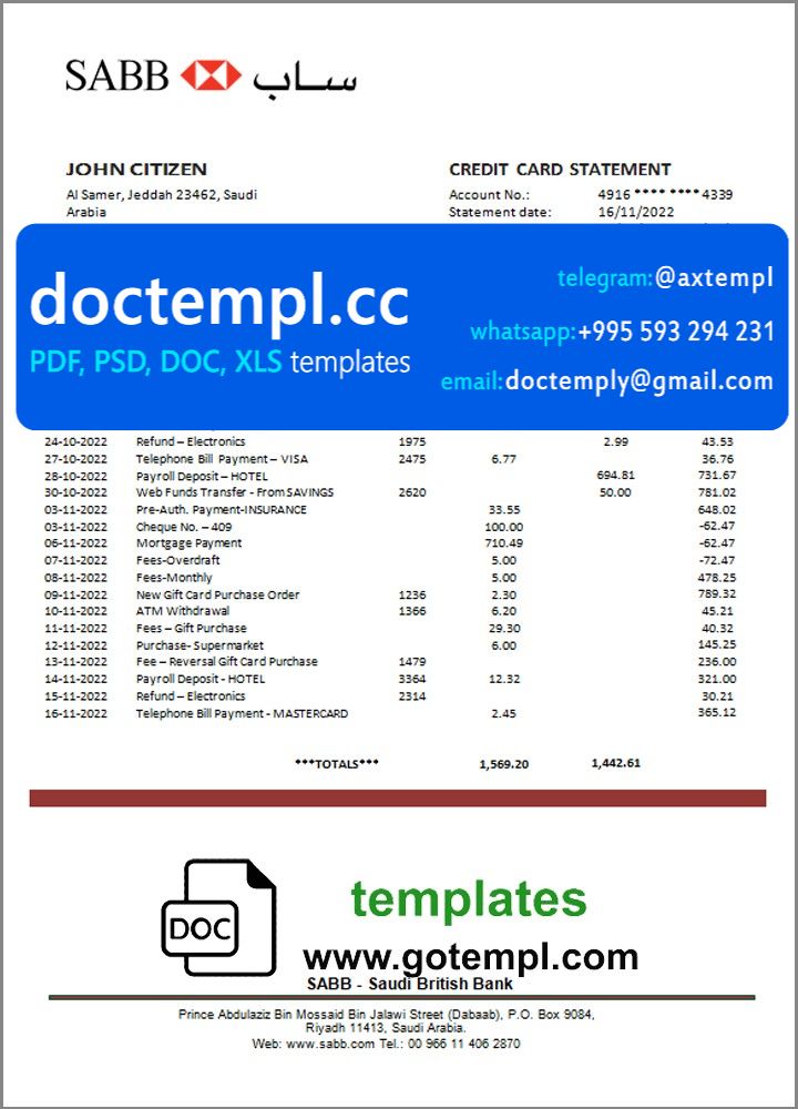 Saudi Arabia SABB bank statement template in Word and PDF format