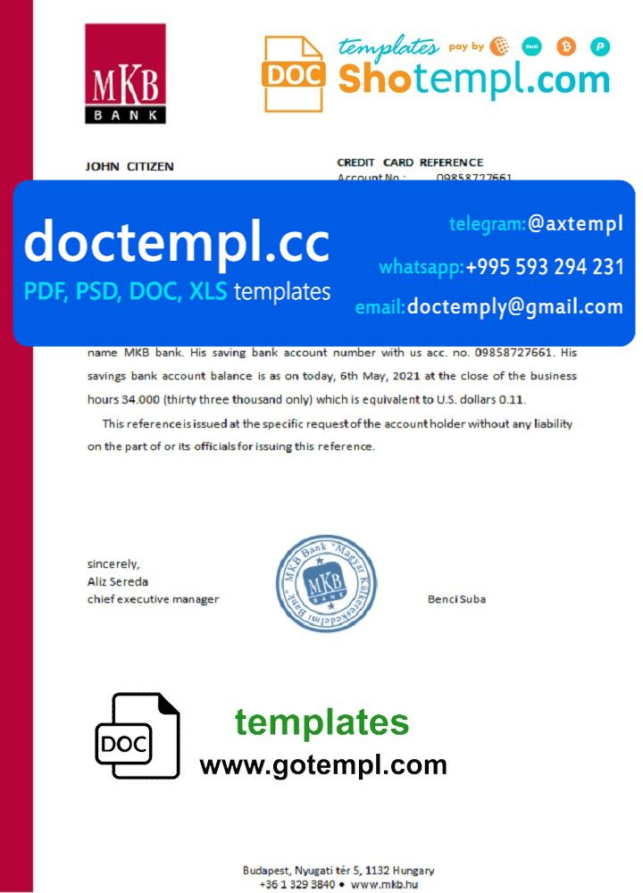 Hungary MKB bank account balance reference letter template in Word and PDF format – doctempl.cc