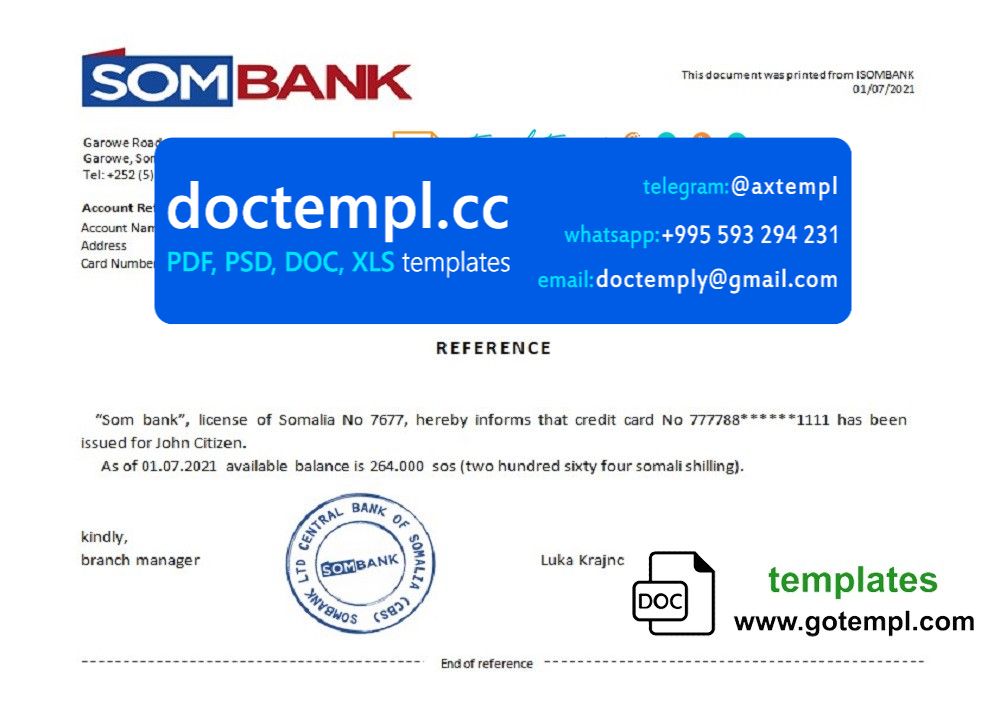 Somalia Sombank bank account balance reference letter template in Word and PDF format