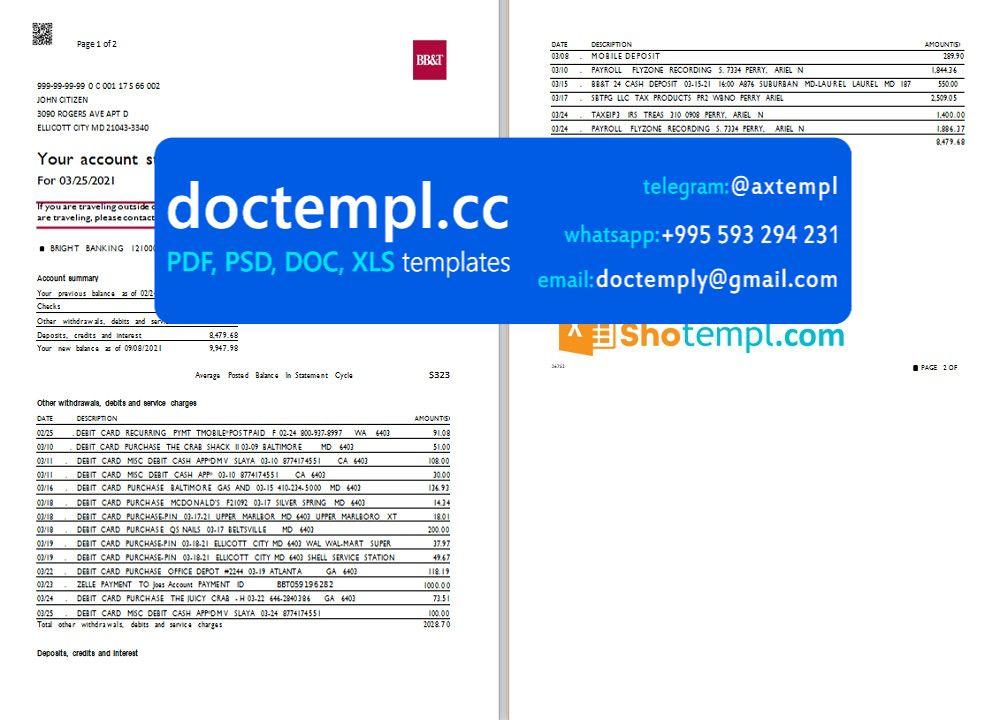 USA North Carolina BB&T Corp. bank statement template in Excel and PDF format (2 pages)