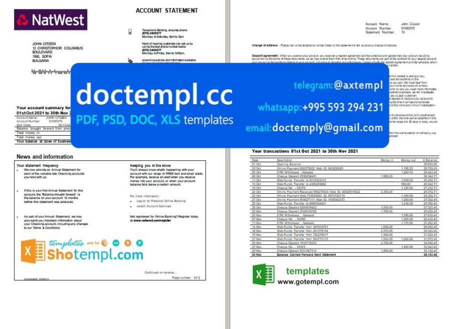 United Kingdom NatWest bank account statement template in Excel and PDF ...