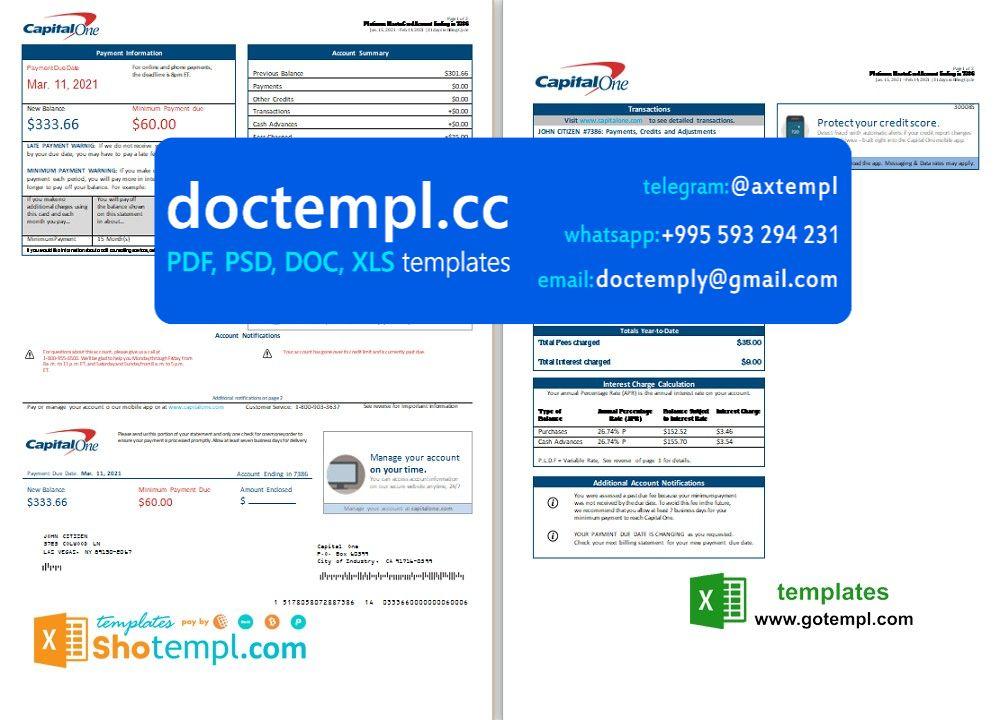 USA Capital One bank statement template in Excel and PDF format (2 pages) version 3