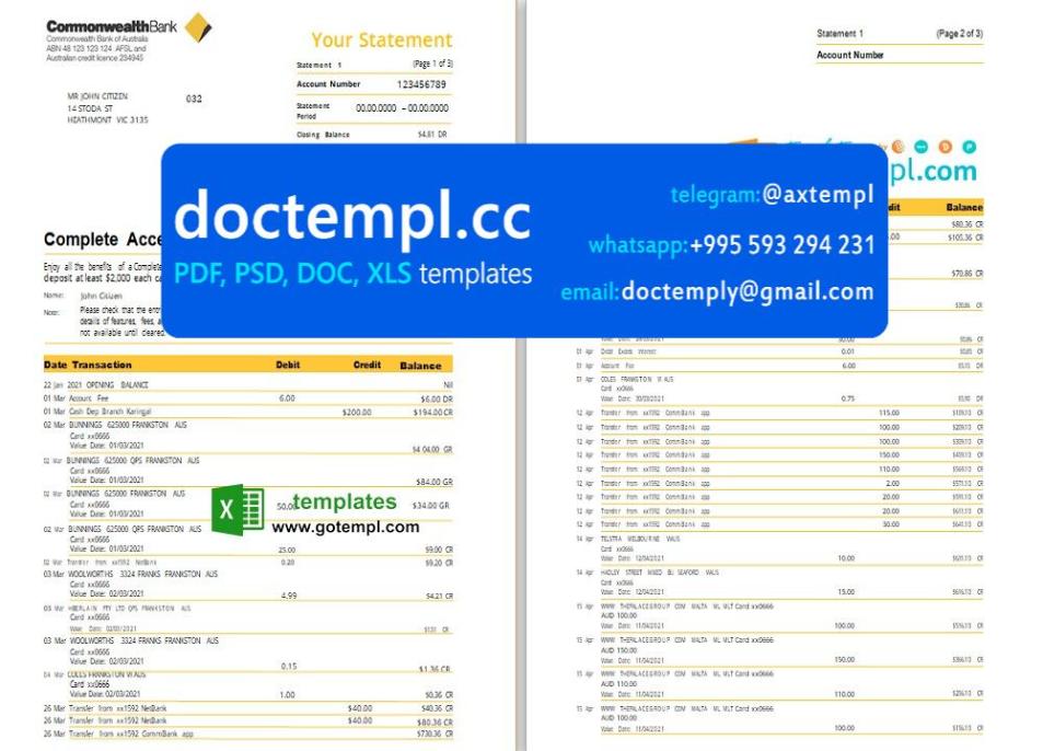 Australia Commonwealth bank statement template in Excel and PDF format (3 pages), version 2
