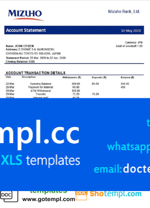 Japan Mizuho Bank statement template in Word and PDF format, good for ...