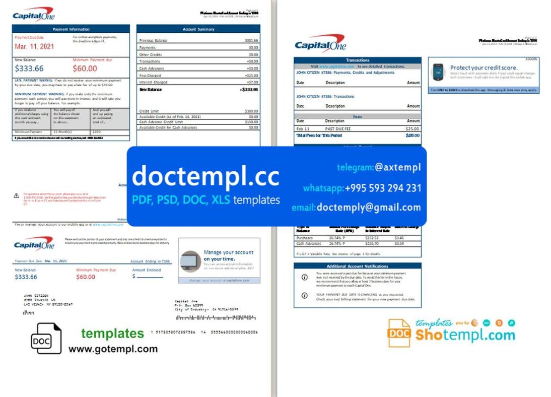 USA Capital One bank statement template in Word and PDF format (2 pages) version 3