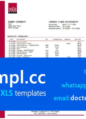 Hungary MKB Bank statement template in Word and PDF format