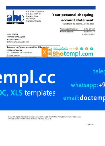 Uganda ABC Bank of Uganda bank statement template in Excel and PDF ...