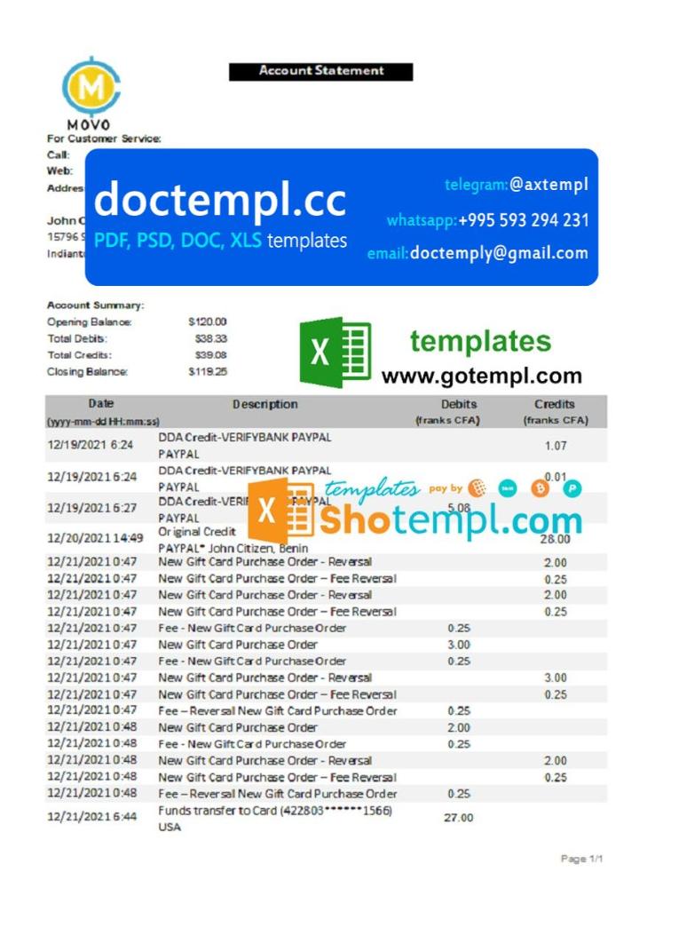 USA MOVO bank statement template in Excel and PDF format