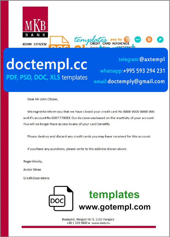 Hungary MKB bank account closure reference letter template in Word and PDF format