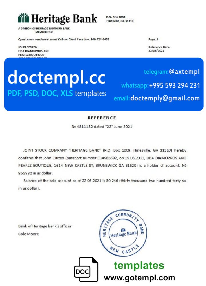 USA Heritage Bank bank account balance reference letter template in ...