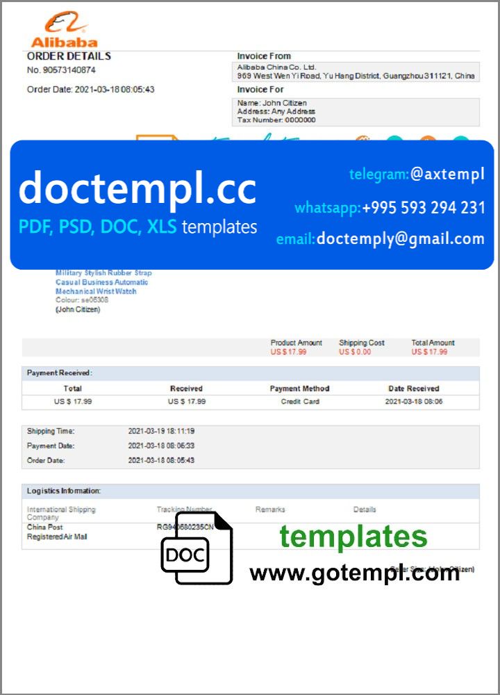 USA Alibaba invoice template in Word and PDF format, fully editable