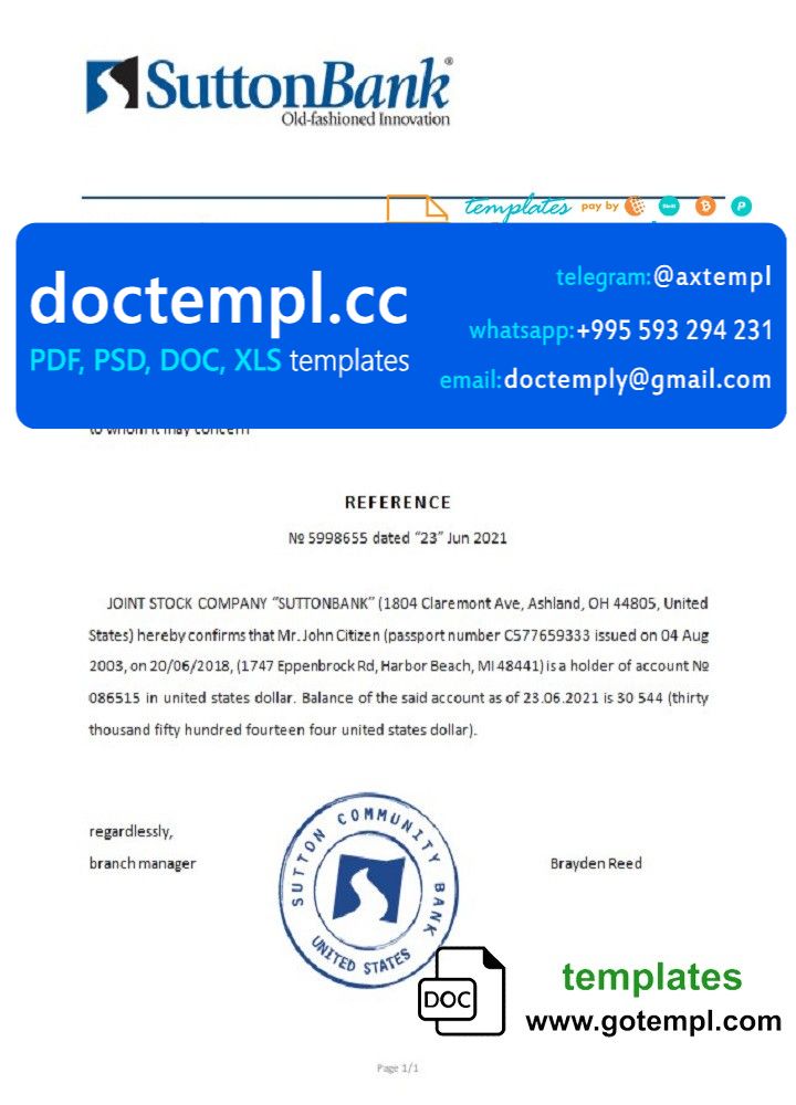 USA Sutton Bank bank account balance reference letter template in Word ...