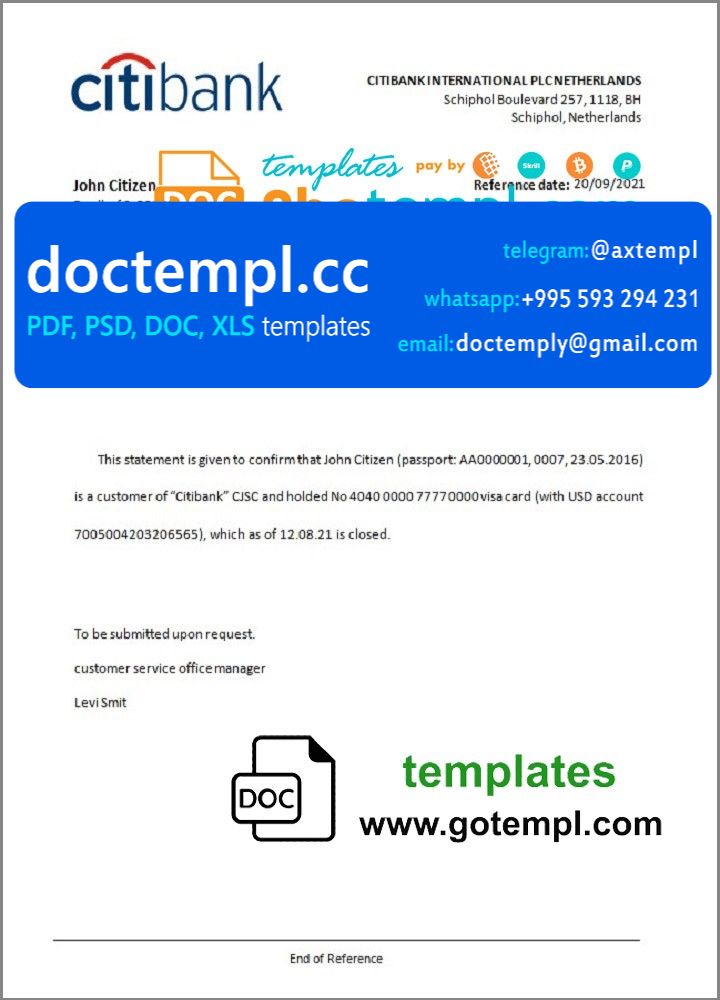Netherlands Citibank account closure certificate template in Word and ...