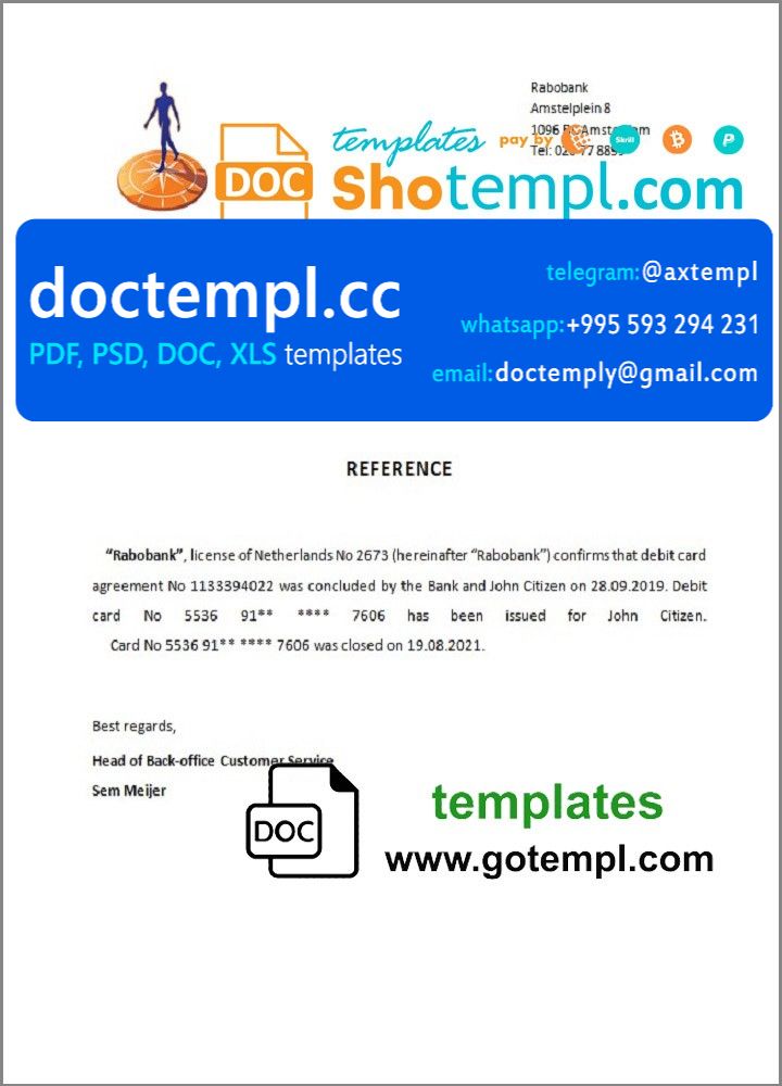 Netherlands Rabobank bank account closure certificate template in Word ...