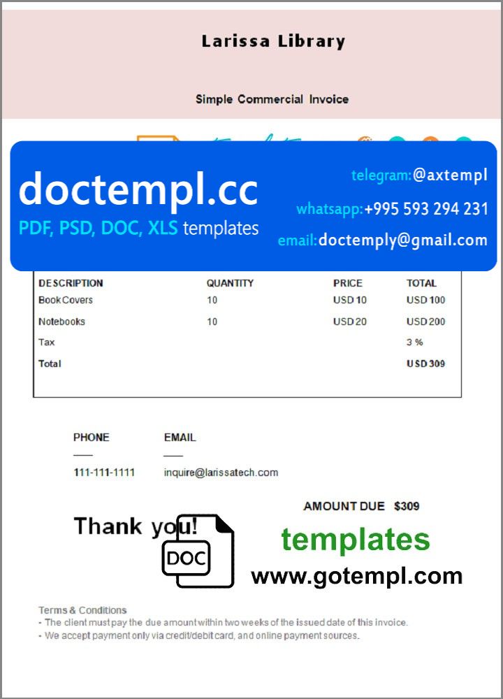 USA Larissa Library invoice template in Word and PDF format, fully editable