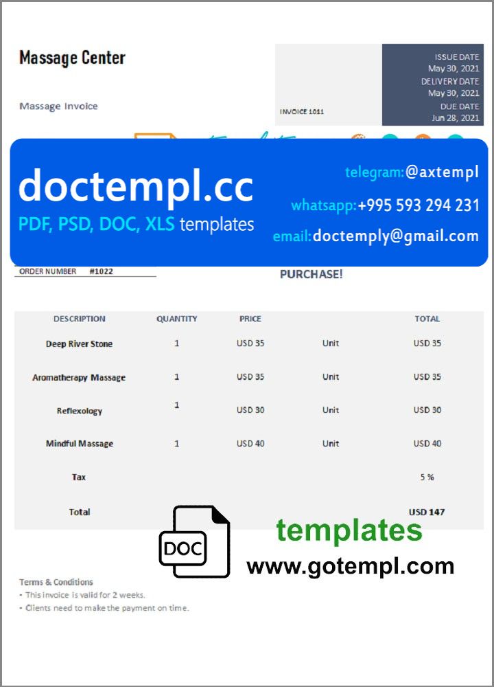 USA Massage Center invoice template in Word and PDF format, fully editable
