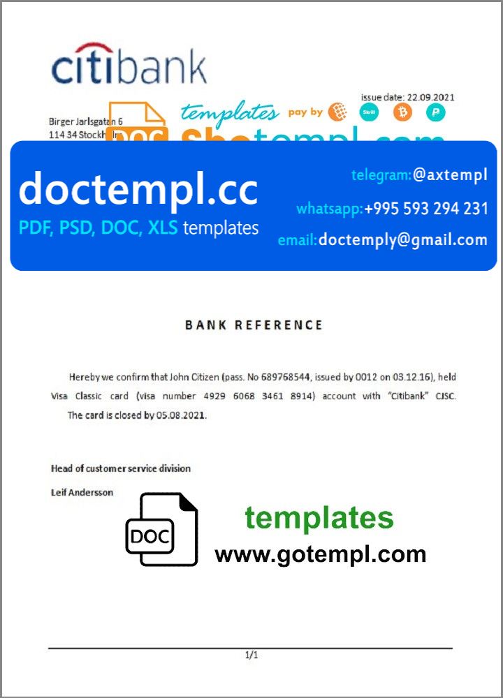 Sweden Citibank bank account closure reference letter template in Word ...