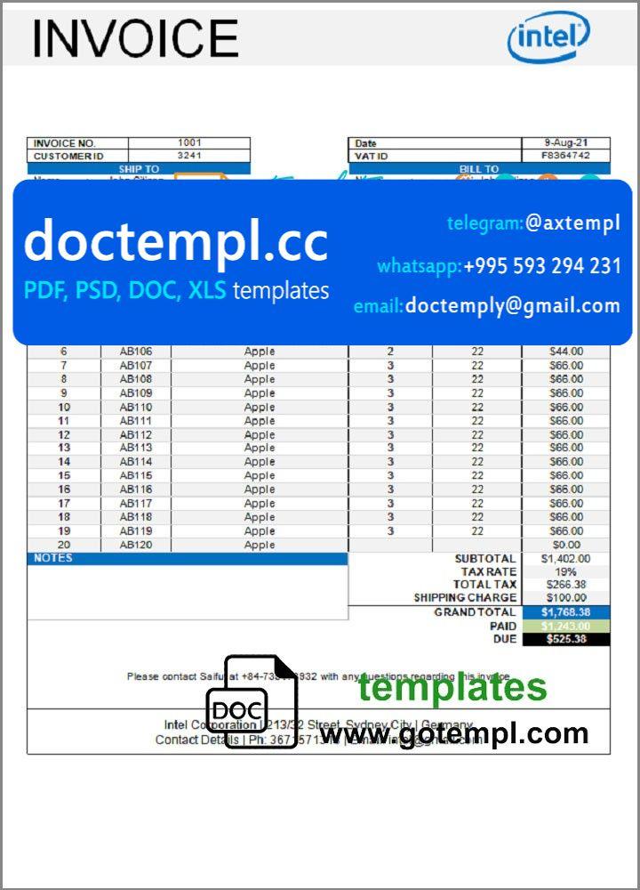 USA Intel invoice template in Word and PDF format, fully editable