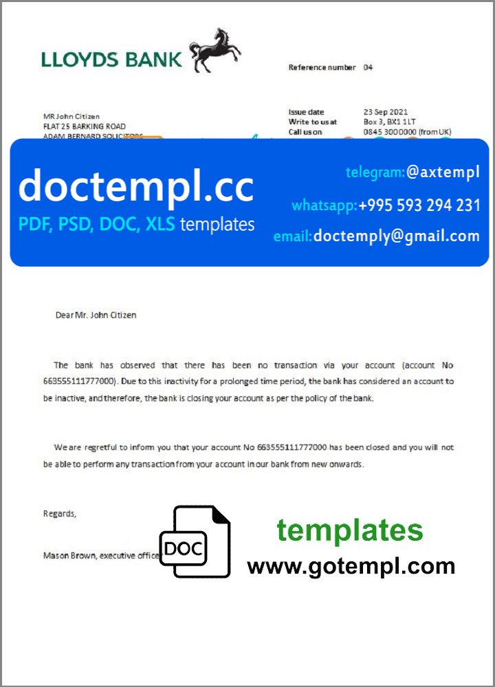 United Kingdom Lloyds bank account closure reference letter template in Word and PDF format