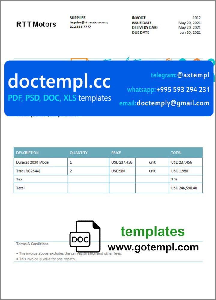 USA RTT Motors invoice template in Word and PDF format, fully editable