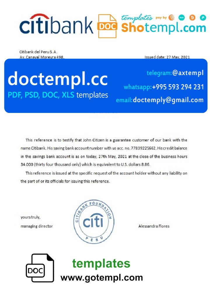 Peru Citibank bank account balance reference letter template in Word ...