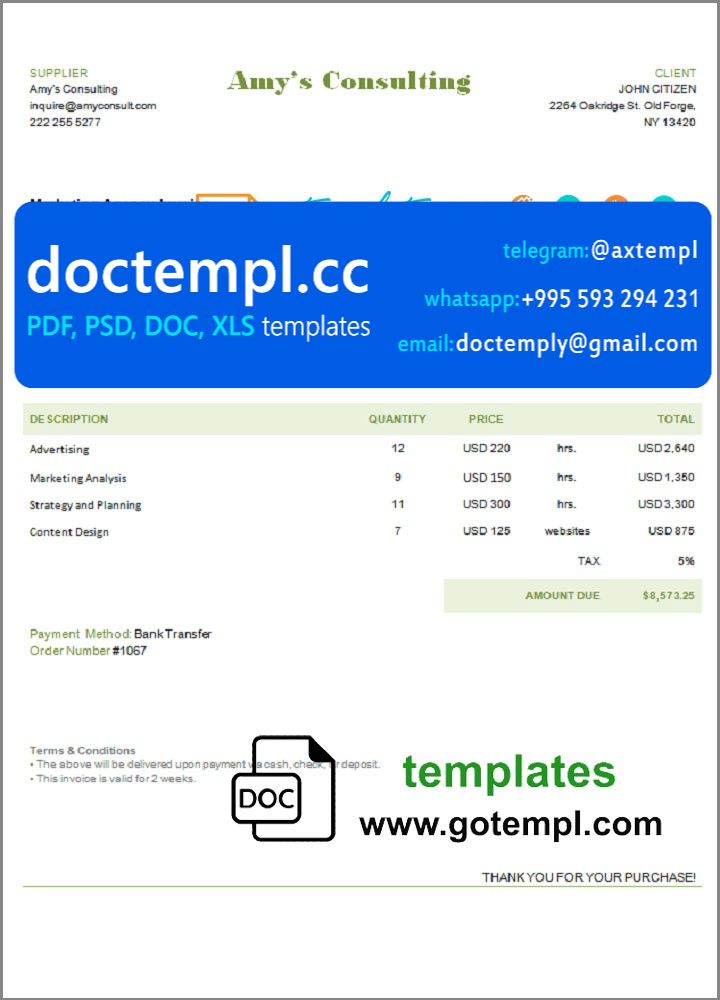 USA Amy’s Consulting invoice template in Word and PDF format, fully ...