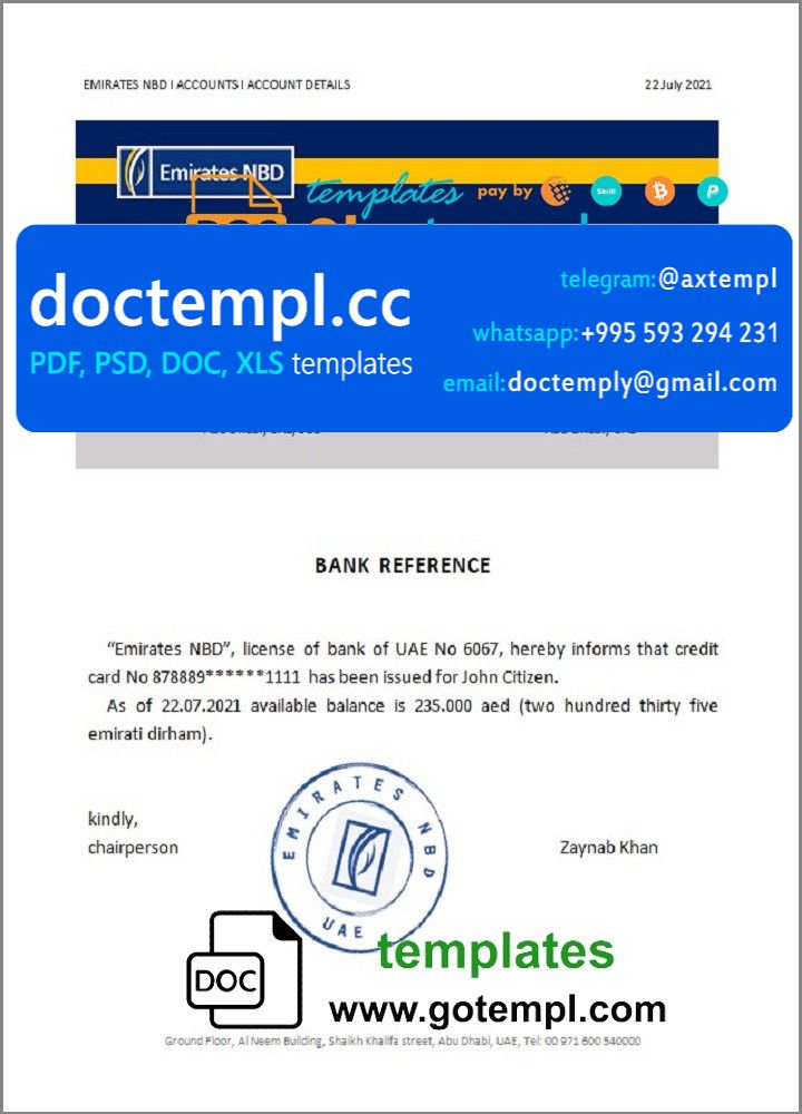 UAE Emirates NBD bank account balance reference letter template in Word ...