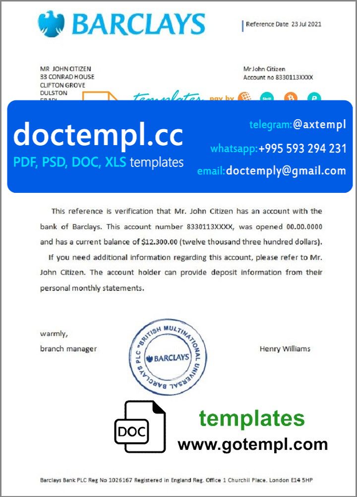 United Kingdom Barclays bank account balance reference letter template ...
