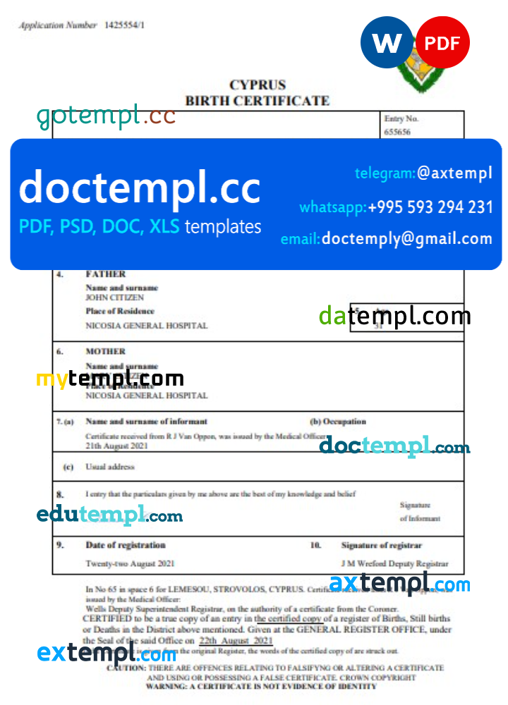 Cyprus birth certificate Word and PDF template, completely editable