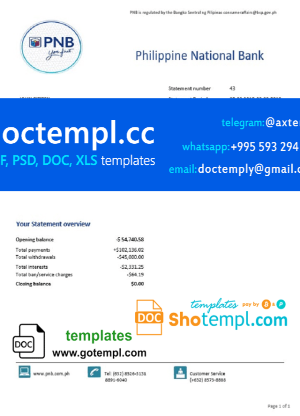 Philippines National Bank (PNB) proof of address bank statement ...