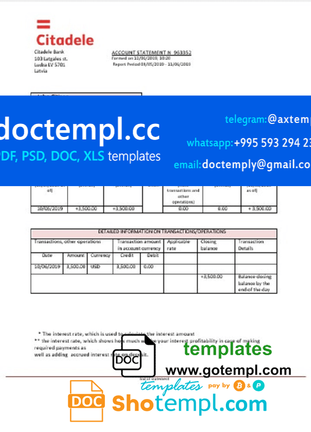 Latvia Citadele bank statement template, Word and PDF format (.doc and ...