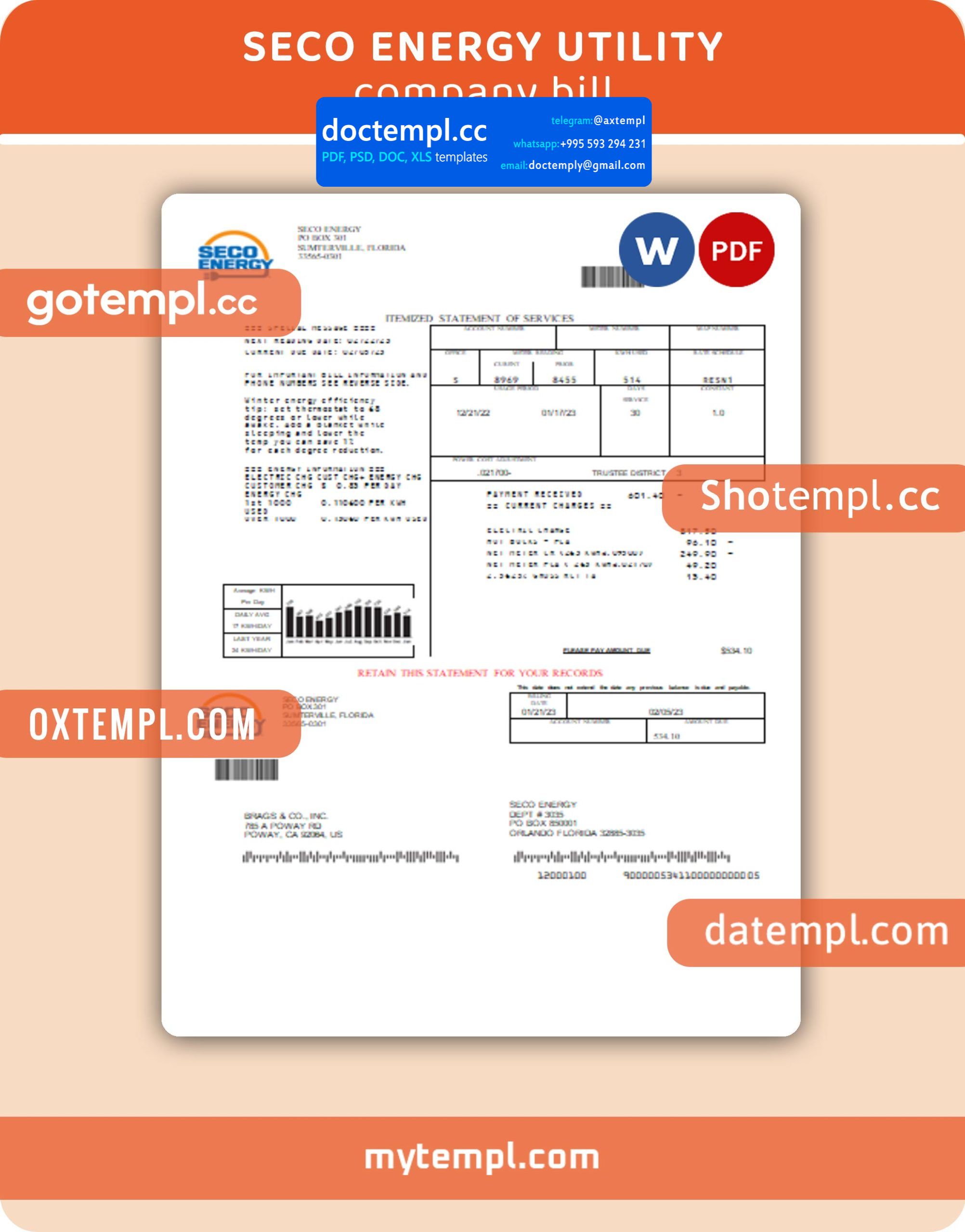 Seco Energy business utility bill, Word and PDF template