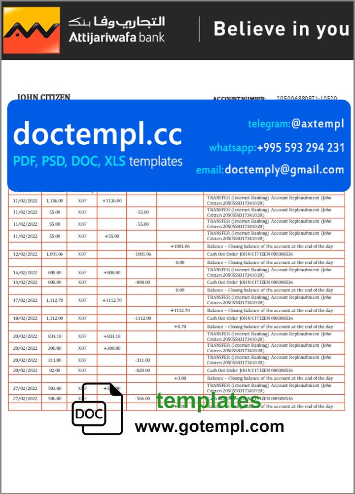 Senegal Attijariwafa bank statement template in Word and PDF format
