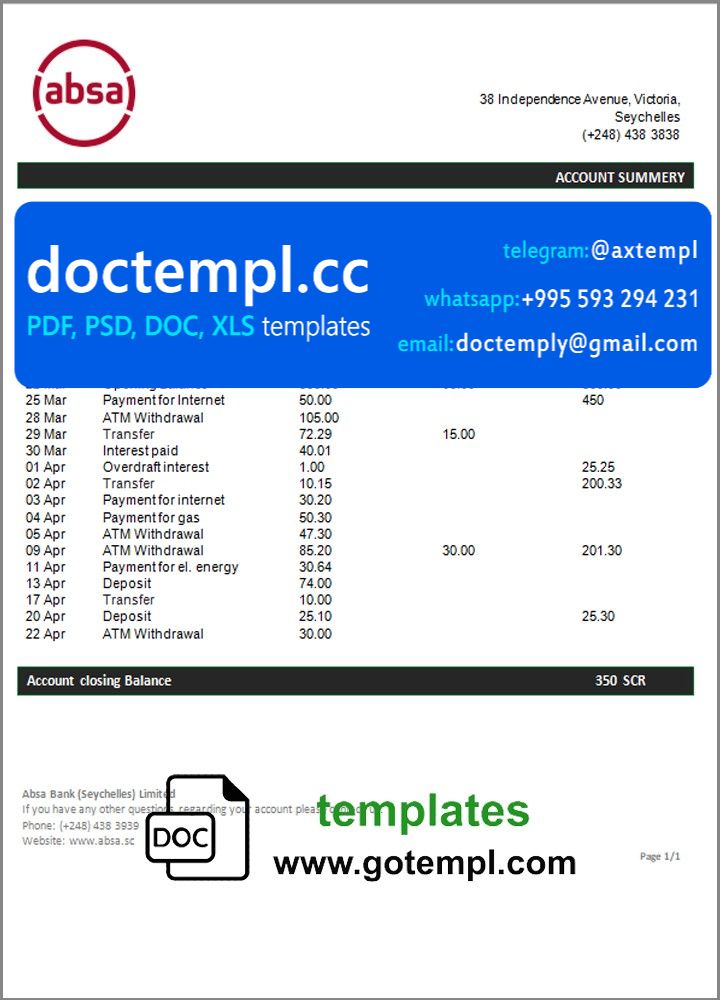 Seychelles ABSA bank statement template in Word and PDF format