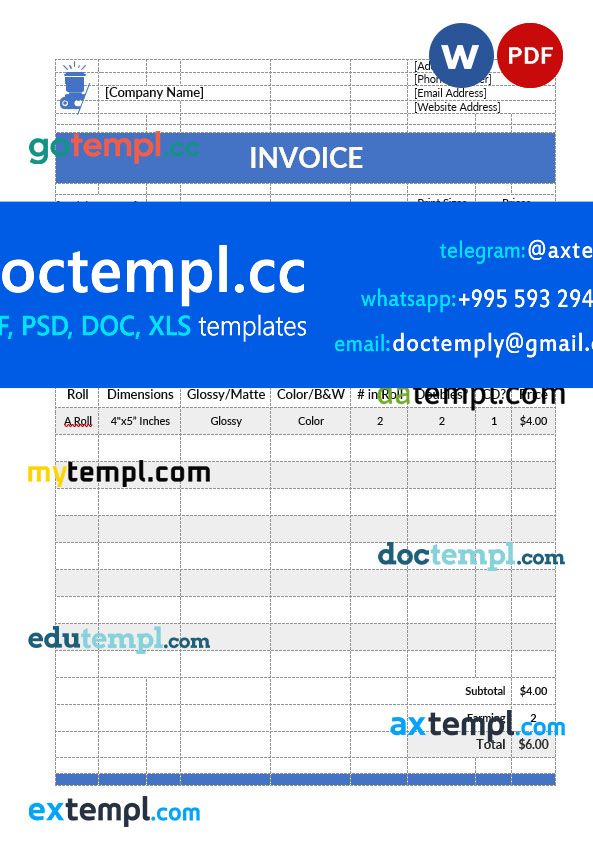 Simple Photography Invoice template in word and pdf format