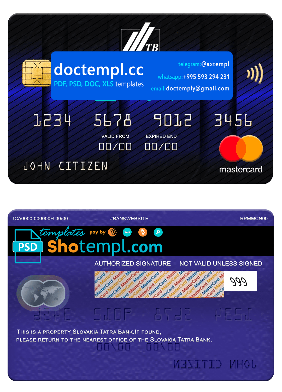 Slovakia Tatra Bank mastercard, fully editable template in PSD format
