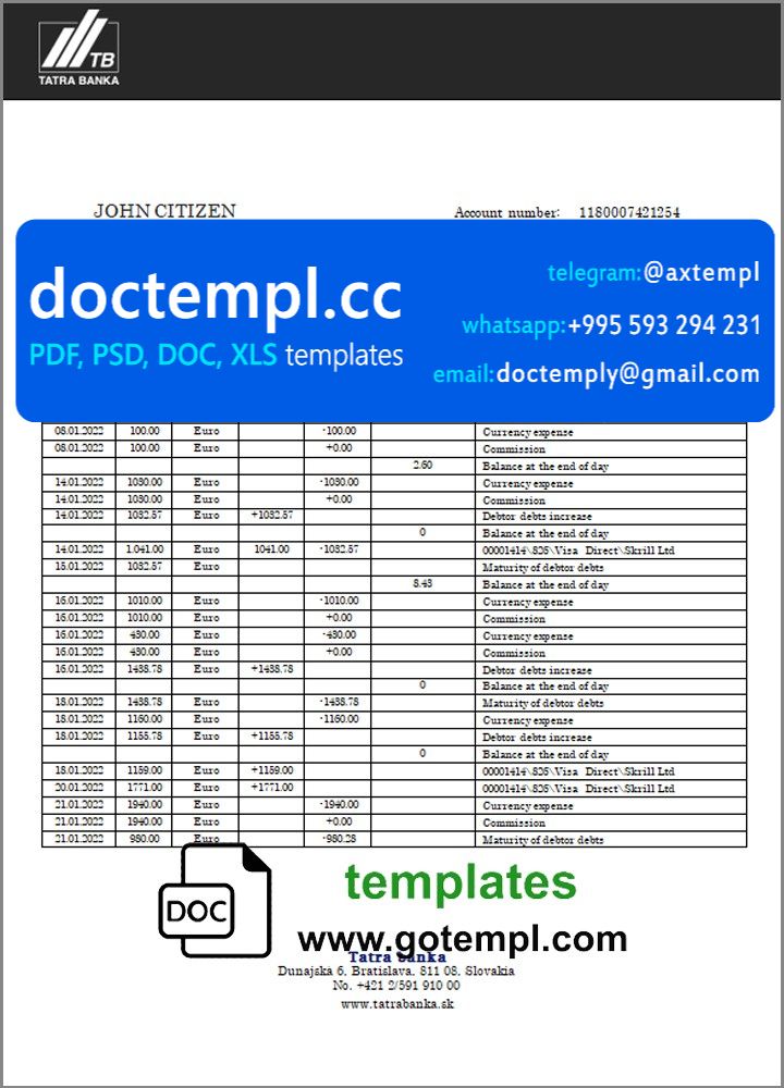 Slovakia Tatra bank statement template in Word and PDF format – doctempl.cc